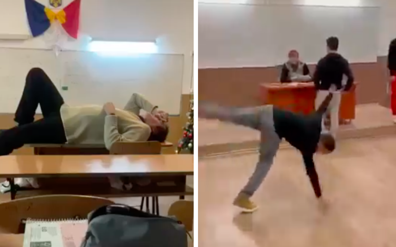 Imagini incredibile la la un colegiu din Vâlcea. Profesorul "doarme" întins pe catedră și elevii ...