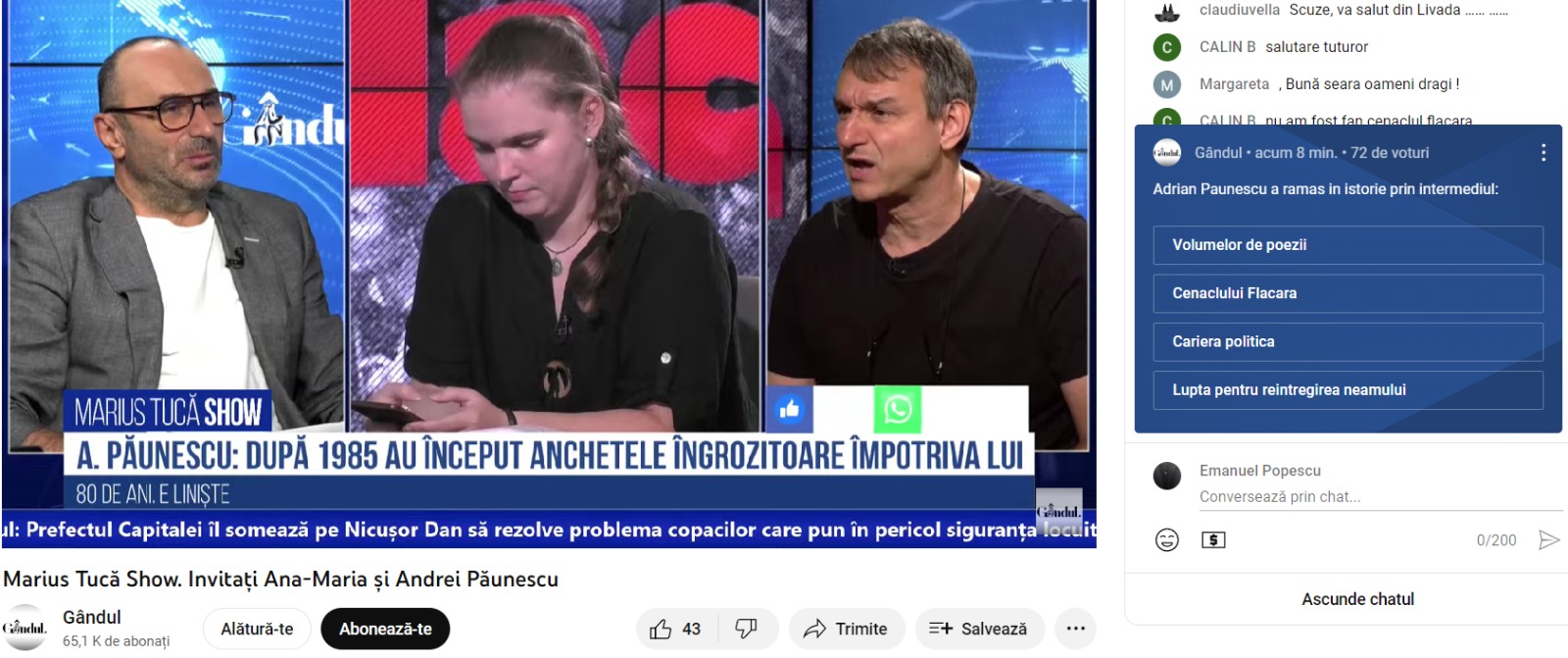 POLL Marius Tucă Show: „Prin ce a rămas în istorie poetul Adrian Păunescu?”