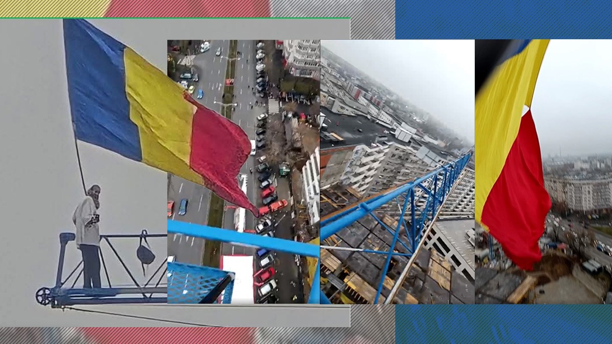 Alertă în Capitală. „Stegarul Dac” s-a urcat pe o macara și REFUZĂ să ...