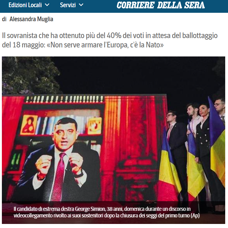 George Simion, în Corriere della Sera: Rusia este un pericol. Cel mai mare pericol este acela de ...